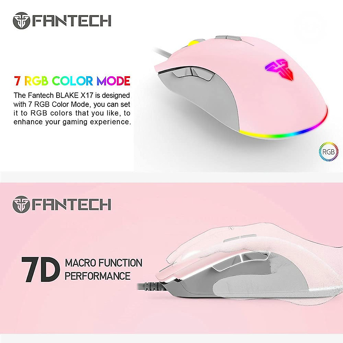 FANTECH Blake X17 Advanced Wired Gaming Mouse, 16.8 Million RGB Color Backlit, 10,000 DPI Optical Sensor, 7 Programmable Buttons, for Right or Left Hand Use, Pink (Sakura Edition)
