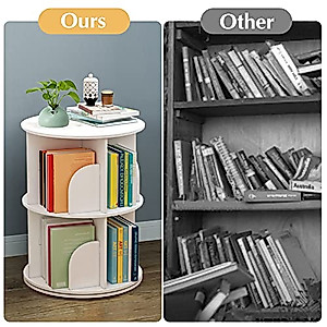 BJTDLLX Rotating Bookshelf, 2 Tiers Freestanding Storage Shelf, 360° Rotating White Bookshelf Round Bookcase Magazines A4 Papers Organizer, for Home Office Living Room 15.7x15.7x23.6in, White 2 Tiers