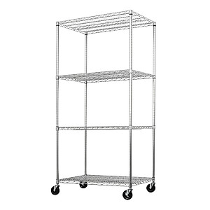 SafeRacks - NSF Certified Storage Shelves, Zinc, Heavy Duty Steel Wire Unit with Wheels and Adjustable Feet, Garage or Bakers Rack, Kitchen, Pantry Shelf - (36"x24"x72" 4-Tier) (Silver)