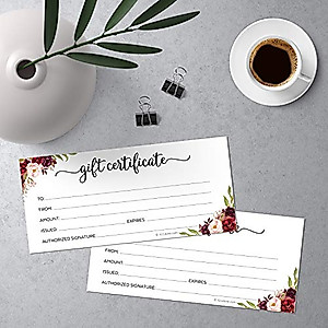 321Done Floral Blank Gift Certificates (Set of 24 and Envelopes) 4x9 for Small Business, Holiday, Christmas Voucher, Spa, Salon - Rustic Red Roses White - Made in USA