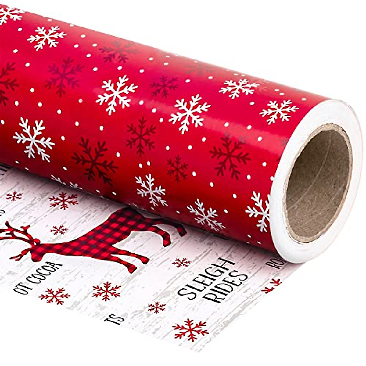 WRAPAHOLIC Jumbo Reversible Christmas Wrapping Paper - 30 Inch X 100 Feet Jumbo Roll Red White Snowflakes and Reindeer Design