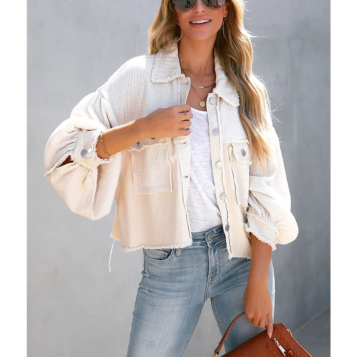 CHARTOU Women's Oversized Waffle Knit Shacket Cropped Color Block Jean Patchwork Blouse Shirt (Large, Cream)