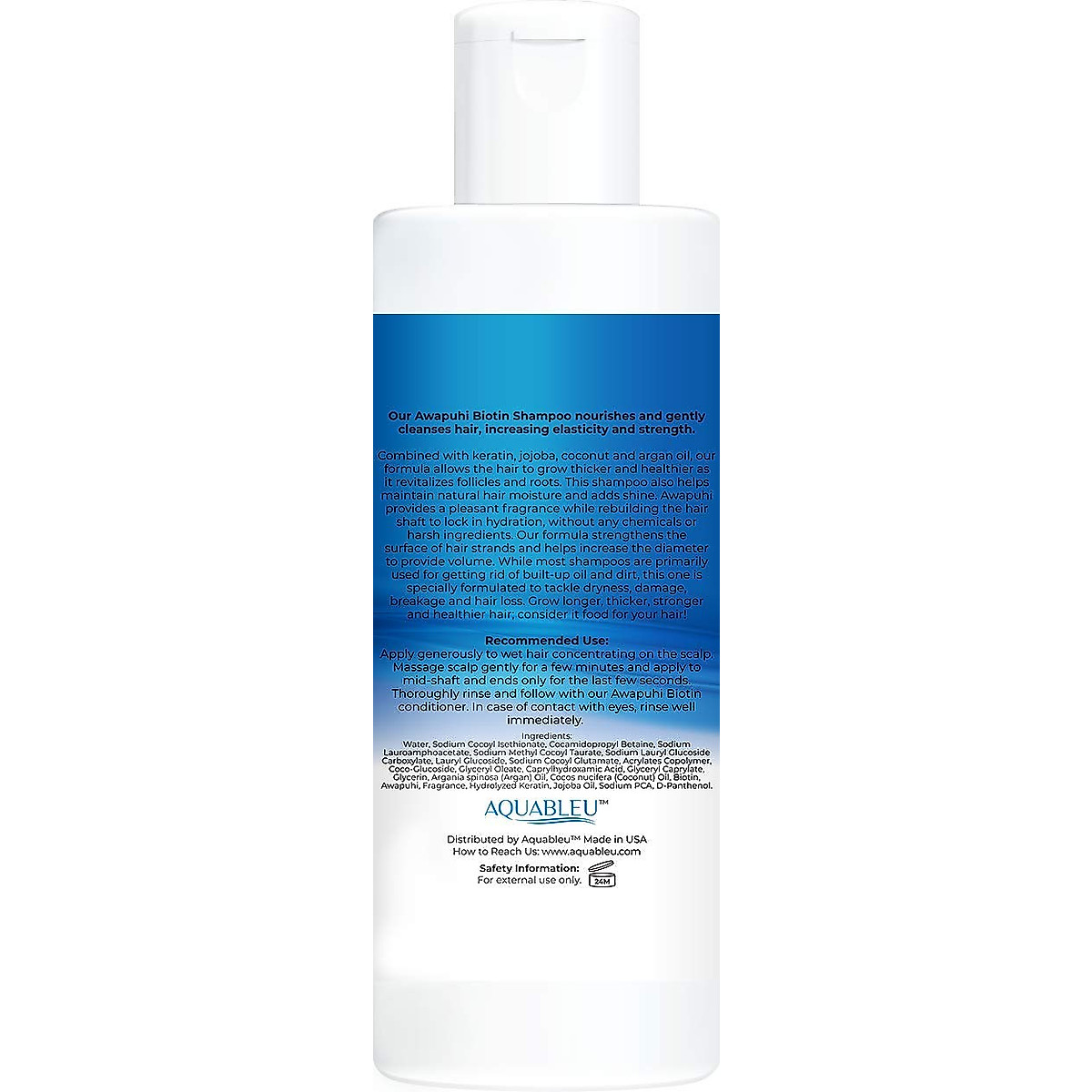 Aquableu Biotin Shampoo – Natural Thickening & Volumizing For Thicker Hair - Infused with coconut oil, keratin, Argan & Jojoba oil - Awapuhi fragrance 8oz