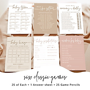 Baby Shower Games - Set of 6 Boho Baby Shower Games for 25 Guests, Boy or Girl, Double-Sided Cards, Gender Neutral