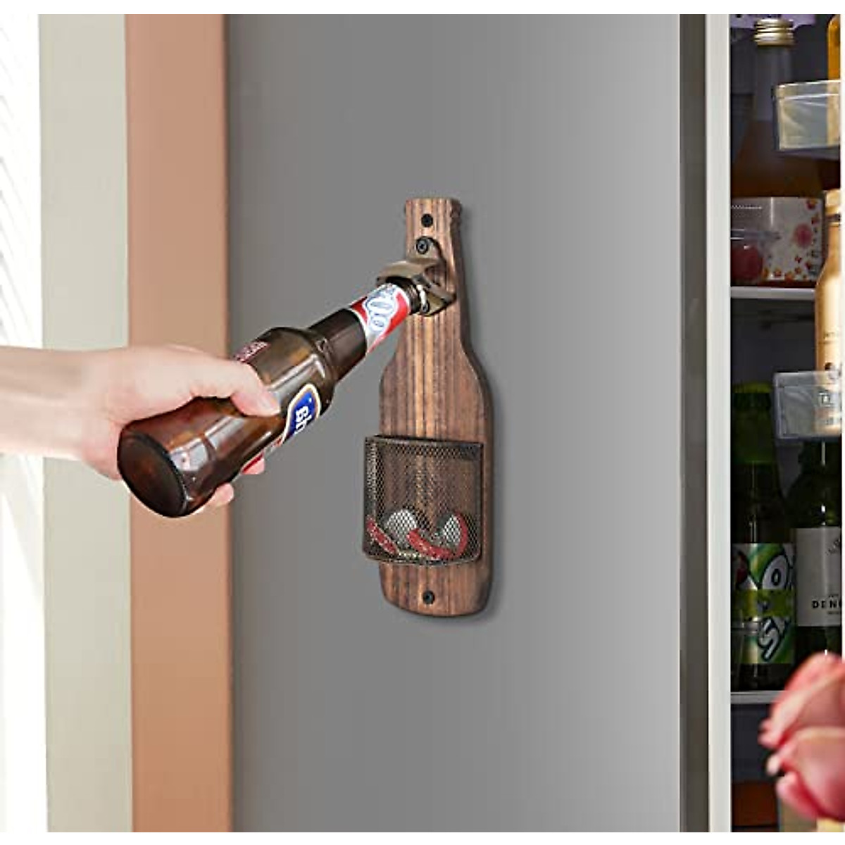 SODUKU Vintage Wooden Wall Mounted Bottle Opener with Cap Catcher for Beer Lovers