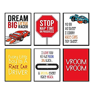 Dream Big Little Racer - Art Print Design Wall Room Home Bedroom Nursery Decor Wheel Set - Bright Race Hot Car (Set of Six) Poster Sign Picture