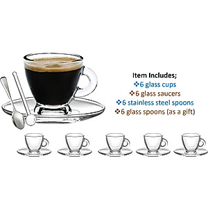 BOHEM'S Espresso Cups, 3.2 oz Small Demitasse Clear Glass Espresso Drinkware, Set Of Cups, Saucers and Stainless Steel mini Spoons + Free Glass Spoons (Set of 6)