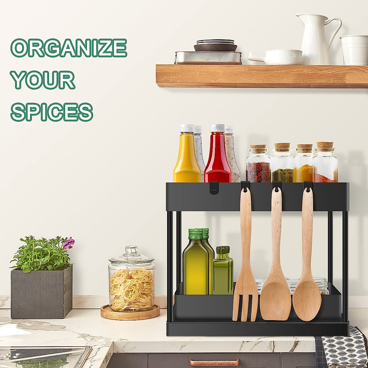 2 Pack Under Sink Organizers and Storage, 2-Tier Bathroom Organizer with Pull-Out Drawer & Hooks, Under the Sink Kitchen Cabinet Organizers Shelf for Countertop Laundry Organization and Storage-Black