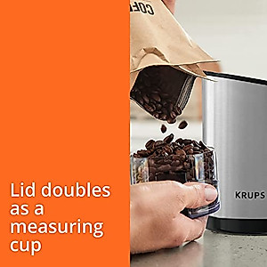 Krups Fast-Touch Stainless Steel Coffee and Spice Grinder 3oz, 85 gr bean hopper Easy to Use, One Touch Operation 200 Watts Coffee, Espresso, French Press, Spices, Dry Herbs, Nuts, 12 cups Silver