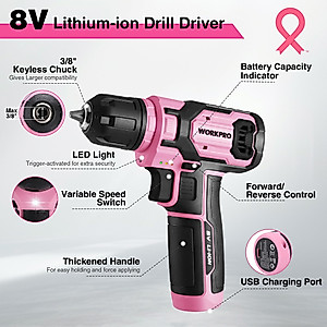 WORKPRO Pink Power Drill Set, 8V Cordless Drill Driver Set with 53pcs Bit Set, 2.0Ah Electric Cordless Drill Kit with 3/8" Keyless Chuck and Variable Speed Trigger, Portable Drill for DIY- Pink Ribbon