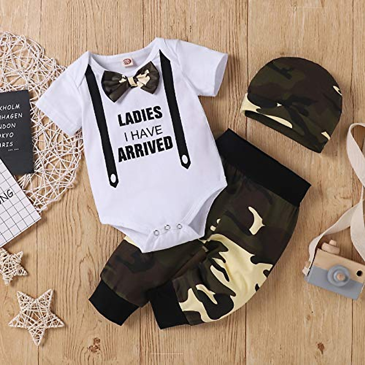 Tikoubabe Baby Boy Clothes Stuff Infant Summer 3 Piece Outfits Newborn Cute Letter Printed Romper Short Sleeve + Pants + Hat Funny Letter Printed Straps Camo 70cm