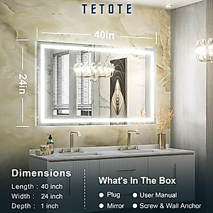 TETOTE 40 x 24 LED Bathroom Mirror LED Mirror Vanity Makeup Mirror Dimmable Anti-Fog Bathroom Lighted Mirror Wall Mounted Bathroom Decor Waterproof