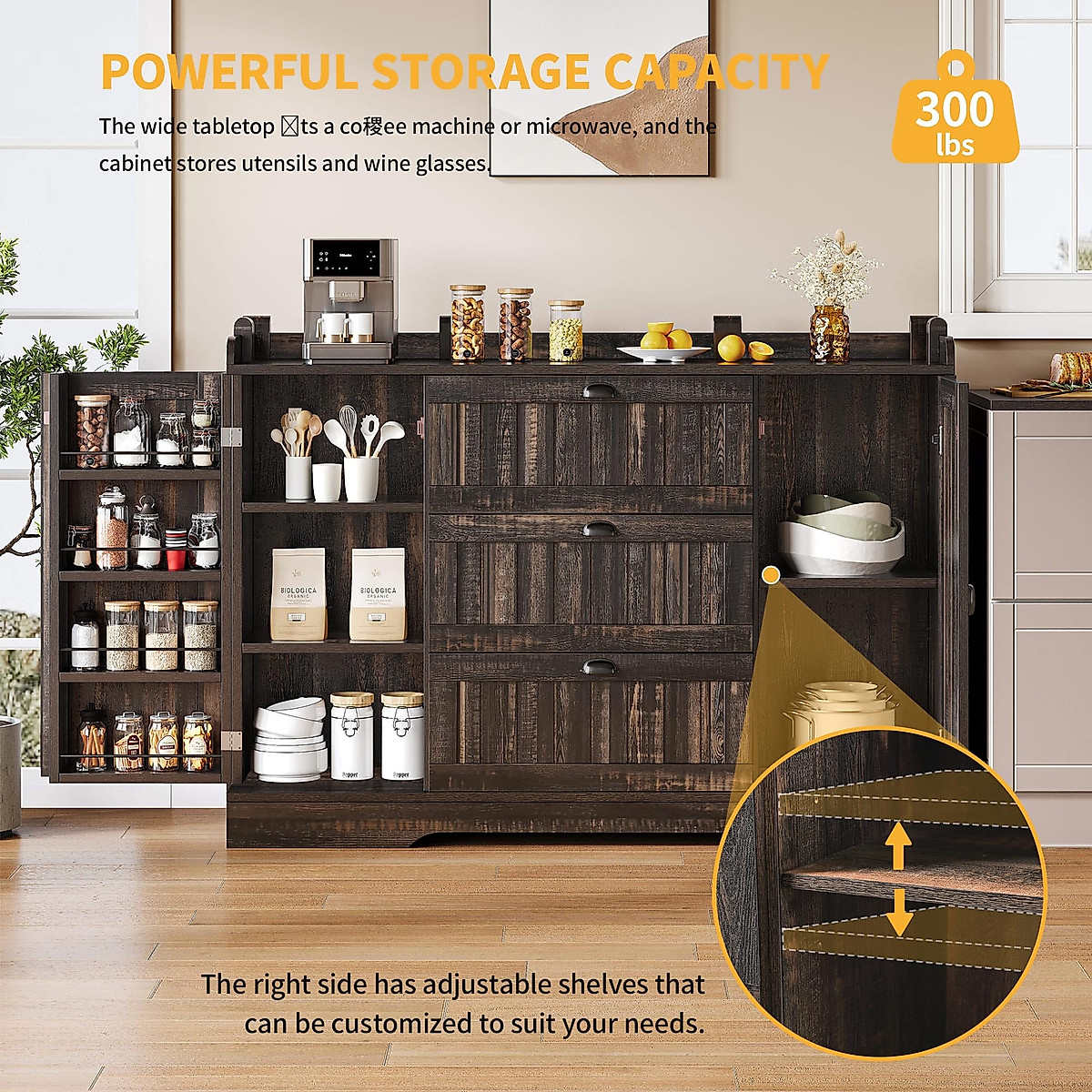 DWVO Farmhouse Sideboard Buffet Cabinet with Storage, 59" Kitchen Pantry Storage Cabinet with 3 Drawers, Coffee Bar for Kitchen Living Room Dining Room, Dark Rustic Oak