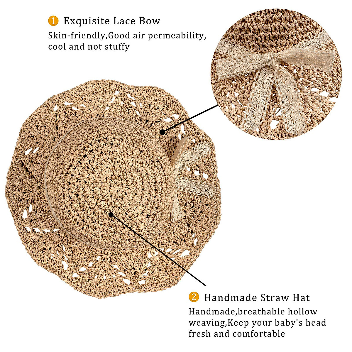 Baby Girl Straw Hat 3-6 Years Girls Summer Beach Hats with Bowknot Sun Protection Hats for Kids (Khaki)