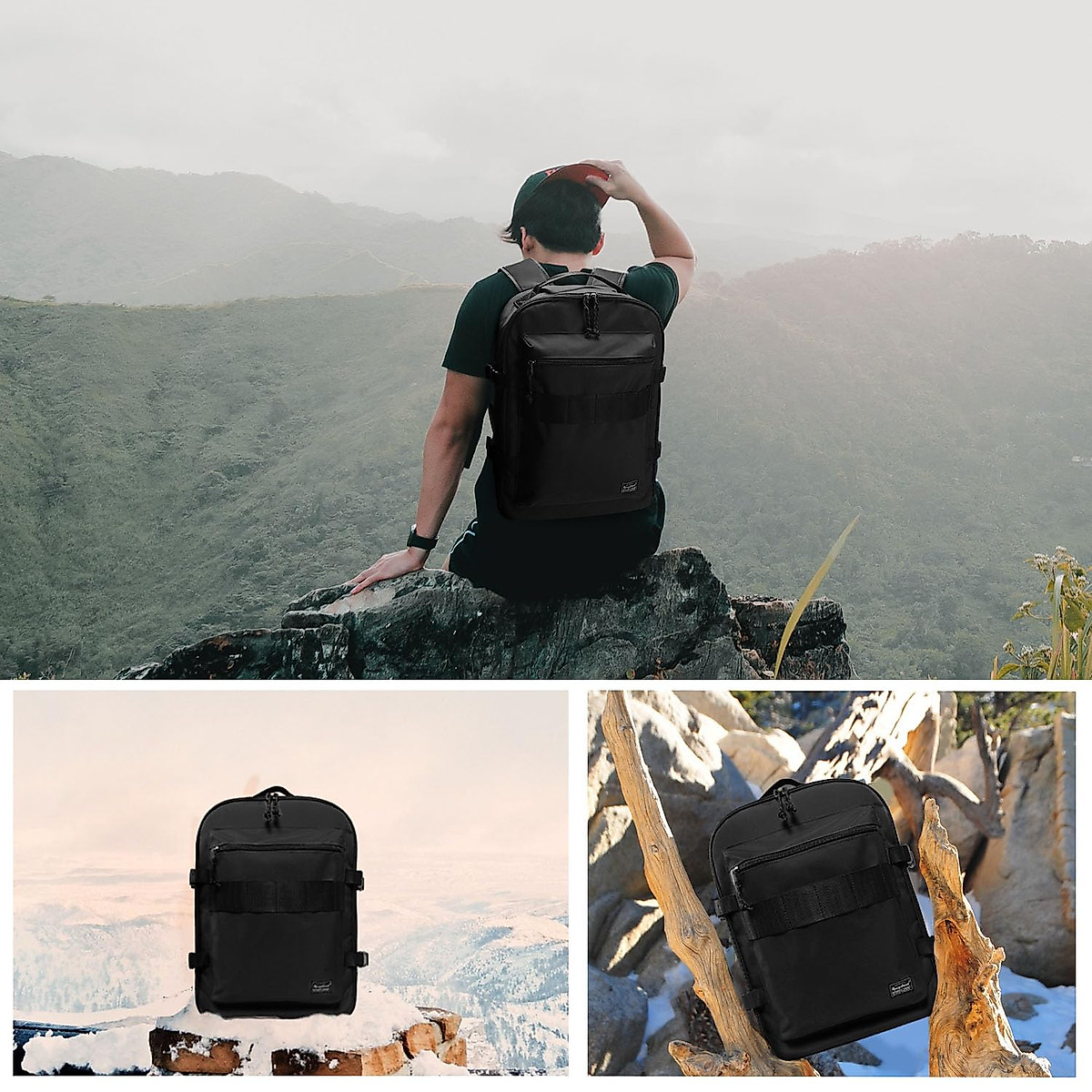 Rangeland Lightweight Travel Backpack Hiking Daypack Laptop Bookbag, 17L Carry-on Personal Item Weekender Overnight Bag Unisex, All Black