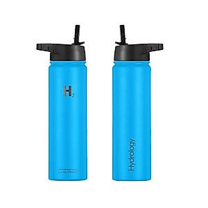H2 Hydrology Water Bottle - 18 oz, 22 oz, 32 oz, 40 oz, or 64 oz with 3 LIDS Double Wall Vacuum Insulated Stainless Steel Wide Mouth Sports Hot & Cold Thermos (22 oz, Pacific Blue)
