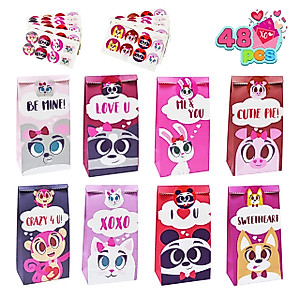 JOYIN 48 Pieces Valentines Day Gift Bags Craft Paper Treat Bags Valentine Goodie Bags with Different Characters for Kids Party Favor Supplies