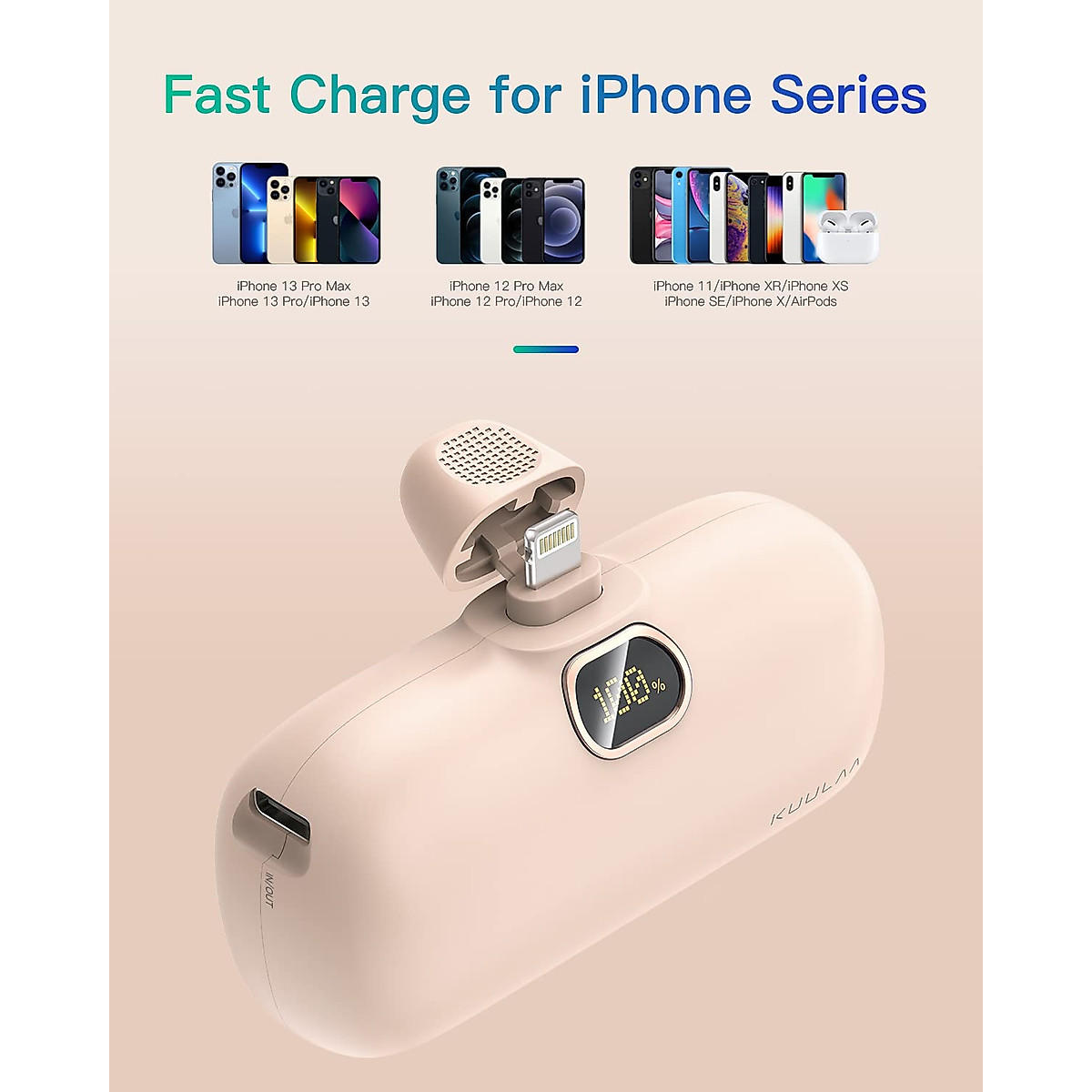 Kuulaa Small Portable Charger iPhone with Built-in Lightning Cable & Mini USB C Power Bank Fast Chargingfor Samsung