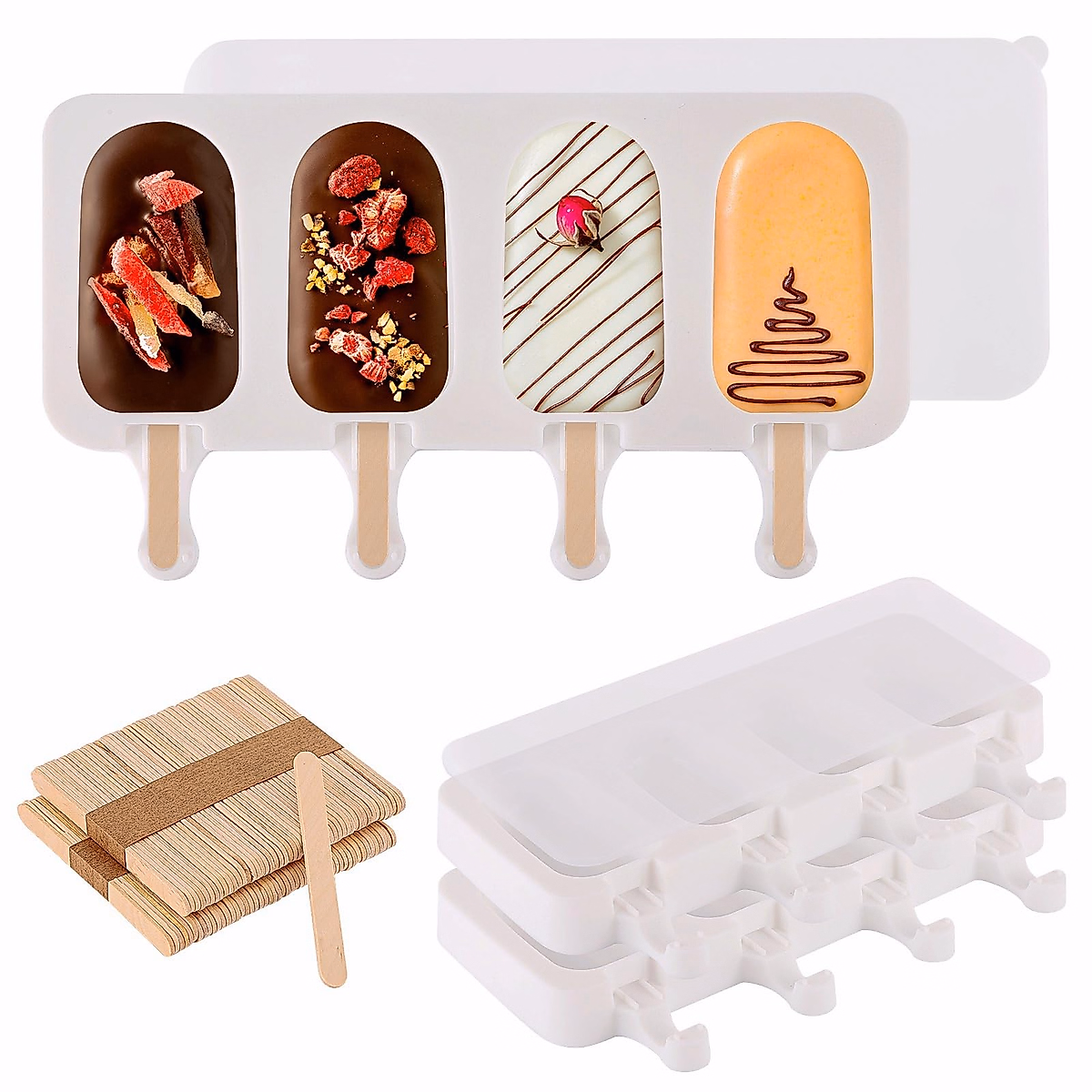 3 Set Popsicles Molds with Lids and 100 Pcs Wooden Popsicles Sticks, Standard Size 4 Cavities Silicone Ice Pop Molds for Making Cakesicles, Cake Pops, Ice Cream - BPA Free