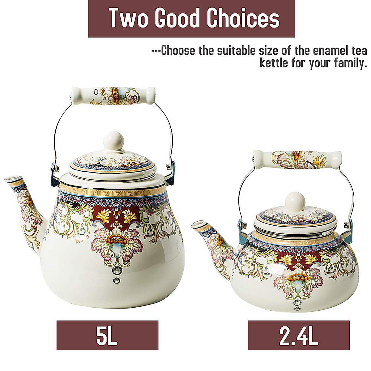 Floral Ceramic Enamel Teapot Tea Kettle for Stovetop,Large Porcelain Enameled Teakettle (white) (2.4L, white2)