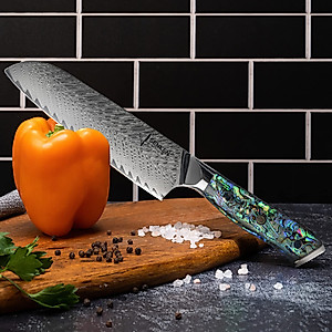 SENKEN Damascus Steel 7" Japanese Santoku Knife with Real Deep-Sea Abalone Shell Handle - Umi Collection - 67-Layer Japanese VG10 Forged Steel Blade, Integrated Full-Tang Molding (7" Santoku Knife)