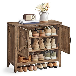 VASAGLE Shoe Cabinet, 3-Tier Shoe Storage Organizer, Shoe Shelf, Traditional American, Freestanding Cabinet with Height-Adjustable Shelf, 13.8 x 31.5 x 27.6 Inches, Entryway, Honey Brown ULBC038B01