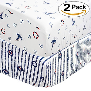 Brandream Baby Crib Bedding Set for Boys Coastal Ocean Anchor Nautical Boys Nursery Bedding Set with 2 Packs Crib Sheets, White & Navy Blue, 4 Pieces Sail Away Theme