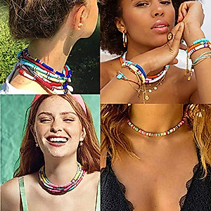 ARATLENCH Heishi Surfer Necklaces Bracelets –Colorful Vinyl Disc Beads Love Necklace Boho Rainbow Stack Stretch Friendship Bracelet Necklaces Set for Women
