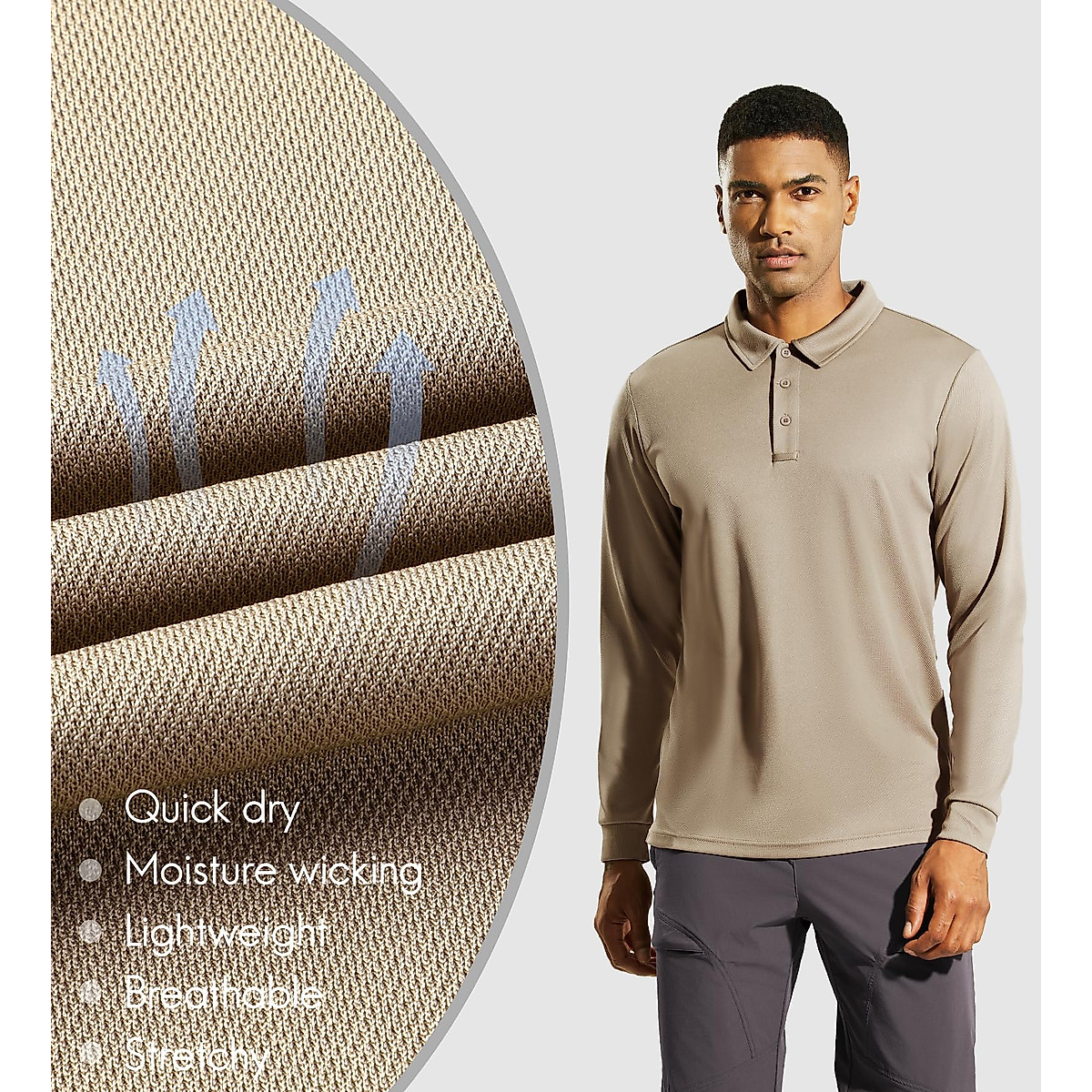 Haimont Mens Polo Shirts Golf Long Sleeve Lightweight Polyester Collared Tshirt Moisture Wicking Regular Fit, Khaki, XL