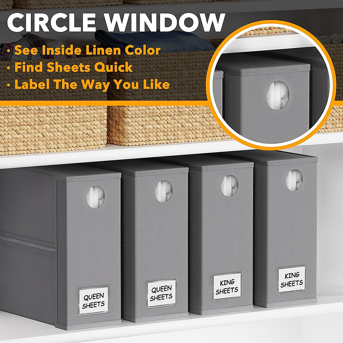 SpaceAid 4 Pack Bed Sheet Organizers and Storage, Foldable Sheet Organizer for Linen Closet, Sheets Set Folder Keeper with Window XL (Queen & King Size) Organizing Bedding Container, Gray