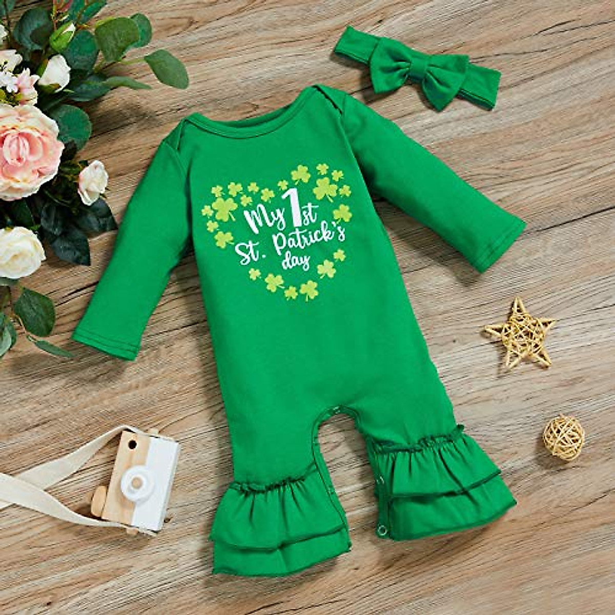 My 1st St. Patricks Day Romper Baby Girl Ruffle Jumpsuit Shamrock Print Long Sleeve Coming Home Outfits+Headband (Green, 1-3 Months)