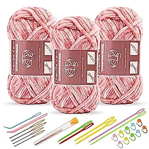 LUNARM 3 * 100g Chenille Yarn, Yarn for Crocheting Knitting with Big Eye Needles, Handcrafts Weaving Soft Chenille Yarn for Making Blankets, Clothes, Pattern Knitting Creations (Peach Pink)
