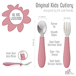 Elk and Friends Kids Silverware with Silicone Handle | Childrens Safe Flatware | Toddler Utensils | Baby Spoons + Forks | Stainless Steel Cutlery