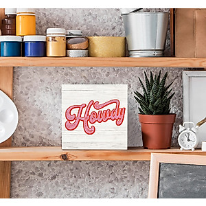 SRADMO Hot Pink Howdy Preppy Wood Box Sign Desk Decor，Retro Western Cowgirl Wooden Block Box Sign Decoration For Western Home Office Shelf Table Decor