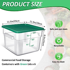 Yungyan 6 Pack 12qt Commercial Food Storage Containers with Lids Square Acrylic Airtight Food Container Clear Cereal Storage Container with Graduation and Handle for Pantry Kitchen Restaurant Freezer