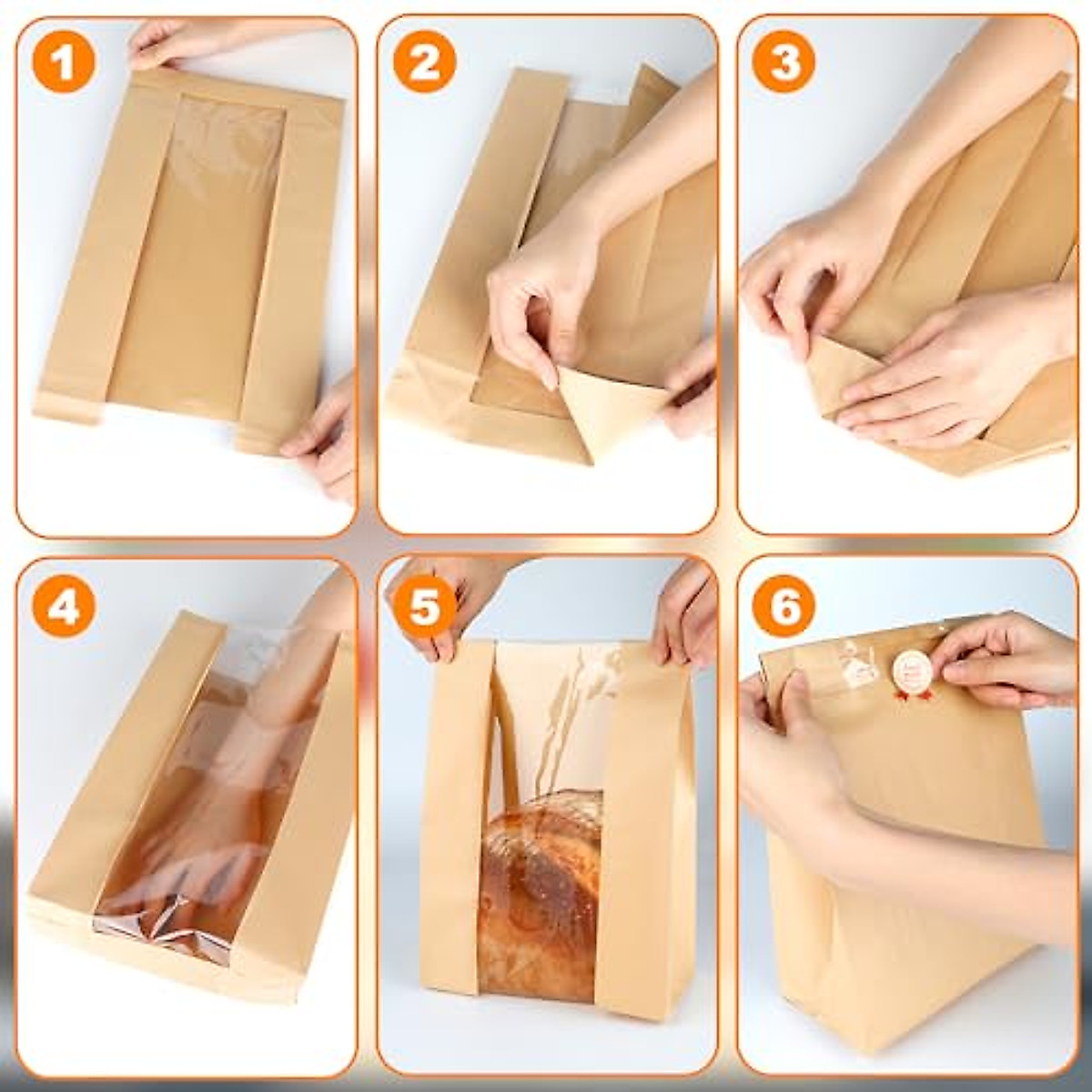 ROLYTA 50 Pack Bread Bags for Homemade Bread,Large Kraft Paper Loaf Bag with Window and Label Seal Stickers,13.8x8.3x3.94 Inch Large Kraft Paper Bakery Bag for Baked Toast Food Packing Storage