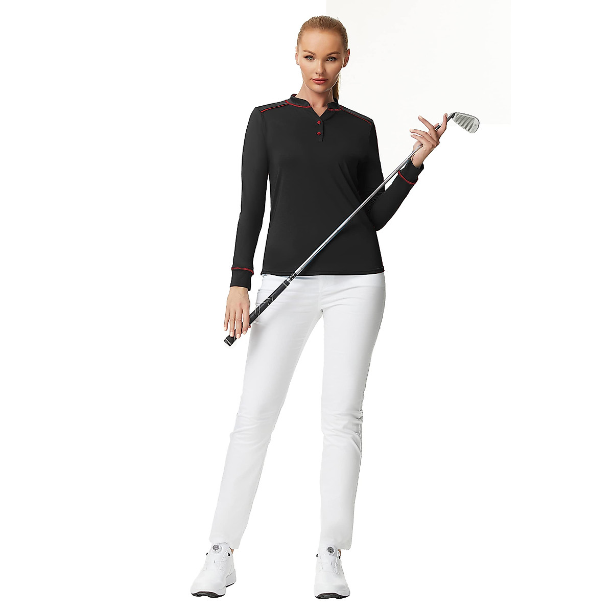 Women's UPF 50+ Golf Polo Shirts Collarless Long Sleeve Tennis Shirt Lightweight Quick Dry Athletic Tops(Black,S)