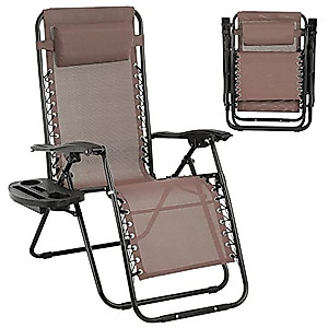 Pazidom Zero Gravity Chair Folding Lounge Chair Lawn Chair Adjustable Camping Reclining Chair with Pillow and Cup Holder Trays, Folding Chair Outdoor Chair - Breatheable & Tear-Resistant Mesh, Brown