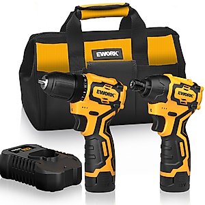 EWORK Compact Cordless Drill and Impact Driver Combo Kit 12V Brushless Small Power Tool Set with (2) 2.0Ah Batteries and Fast Charger, Tool Bag (EKC-12BLA)