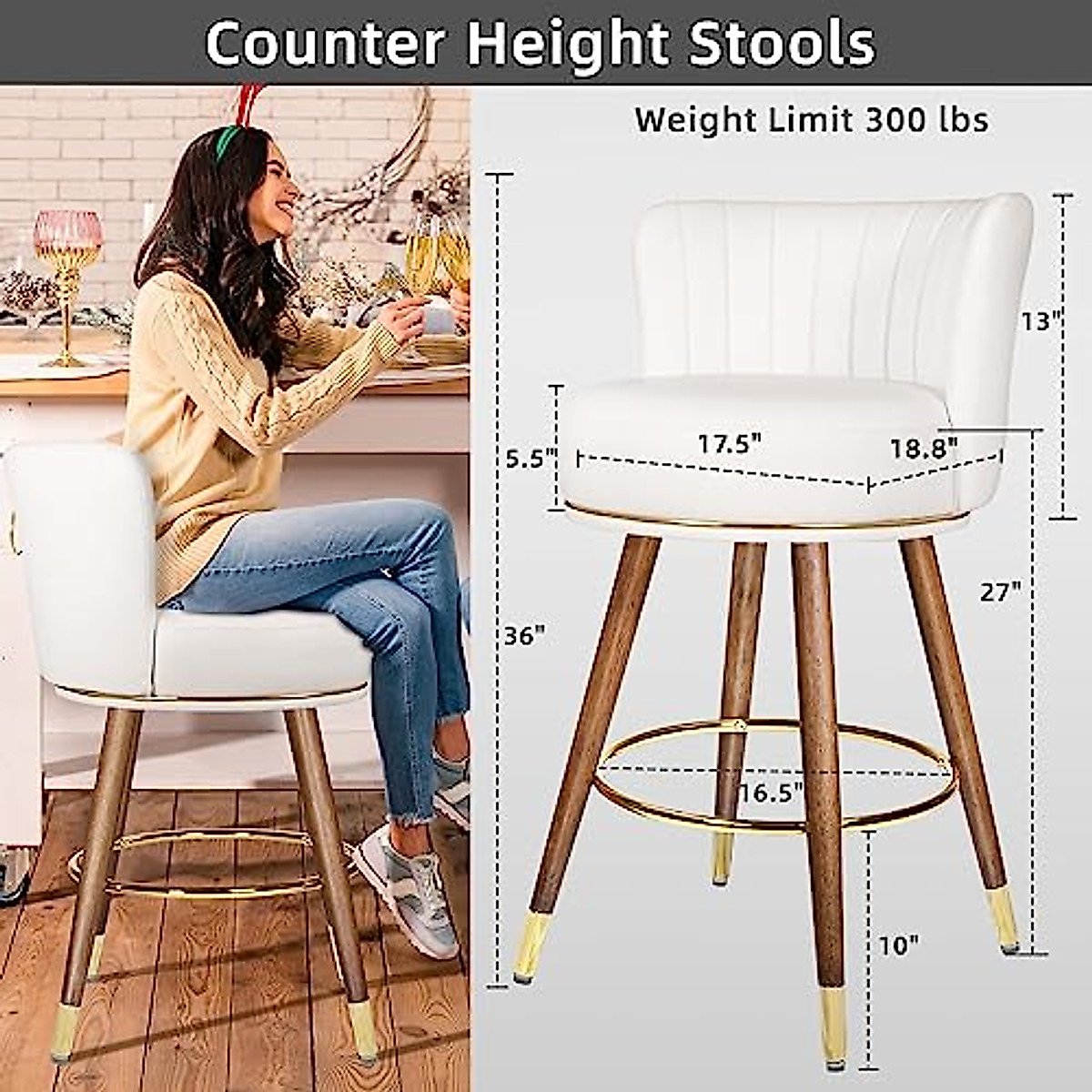 SeekFancy 27" Swivel Bar Stools Set of 4, Counter Heigh Bar Stools with Back, White & Gold Bar Stools with Wood Legs & Footrest, Upholstered Swivel Counter Stools,Leather Bar Chairs for Kitchen Island