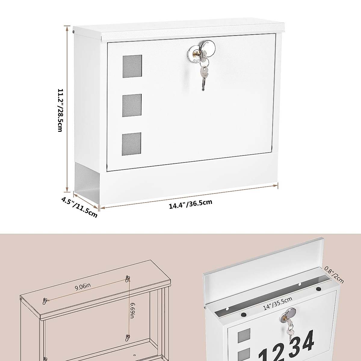 LAND·VOI Locking Mailbox Wall Mounted, Metal Postbox with Three Sets of Mail Box Number Stickers, 4 Keys, 14.4" x 4.5" x 11.2", Large Capacity, Textured White, AMB11W