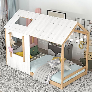 Twin Size Montessori Bed Frame, Twin Size House Floor Bed Frame with Headboard, Roof and Window, Wood Montessori Floor Bed for Kids, Twin Size Bed Frame Natural Antique White