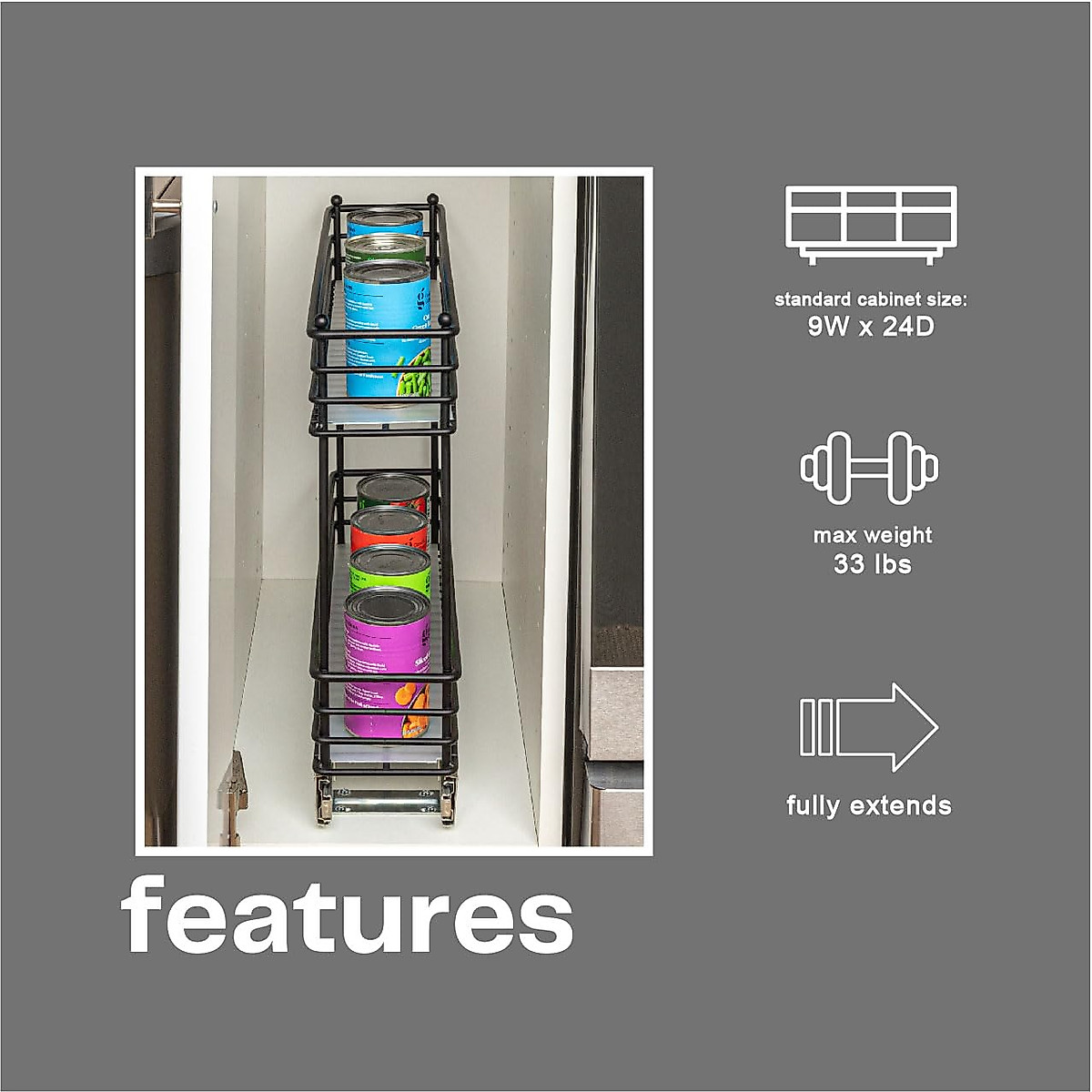 Household Essentials Narrow Sliding Cabinet Organizer, Two Tier Organizer, Matte Black, Great for Slim Cabinets in Kitchen, Bathroom and More, 5"