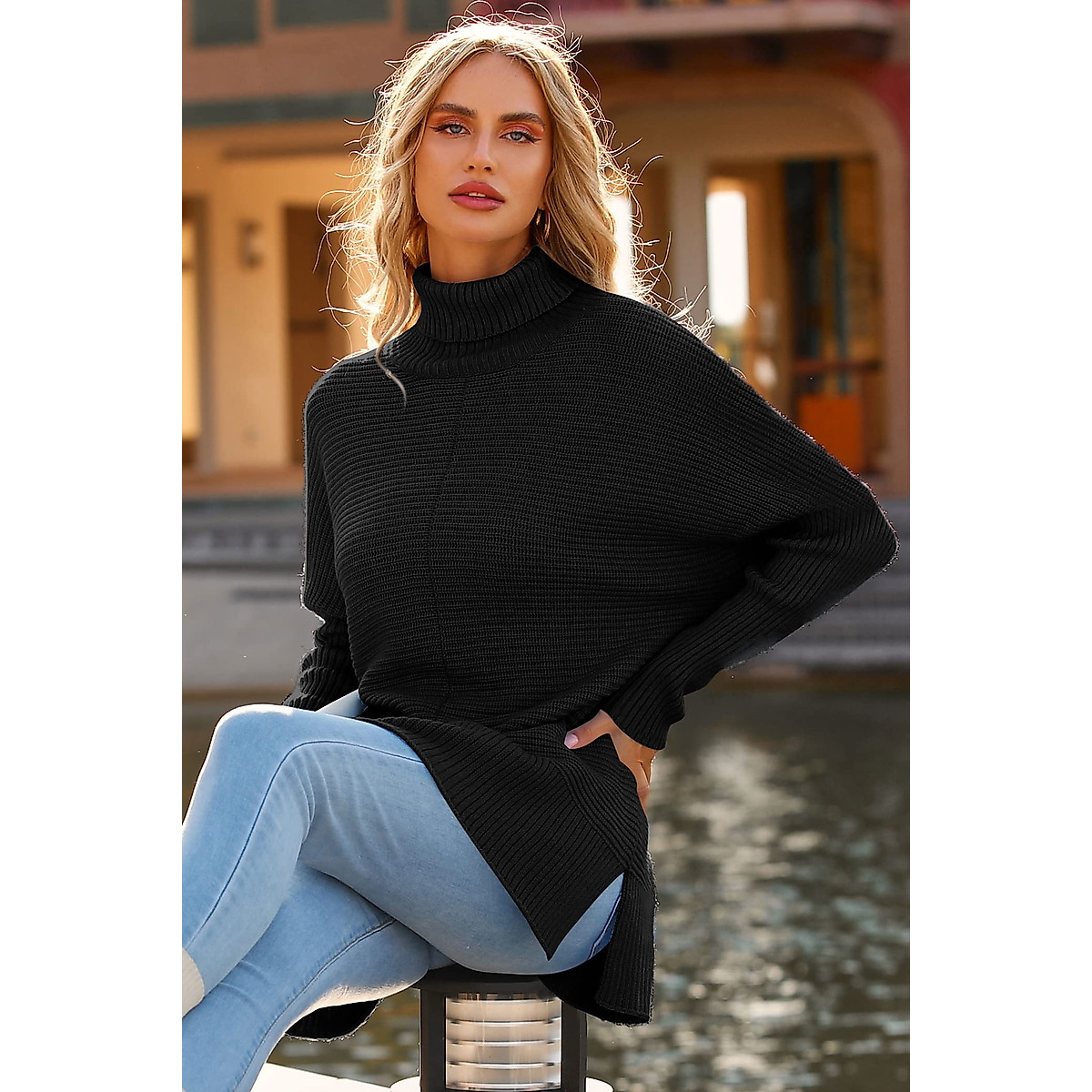 PRETTYGARDEN Women's Fall Oversized Turtleneck Sweater Casual Long Sleeve Chunky Knit Pullover Winter Tops Blouse (Black,Large)