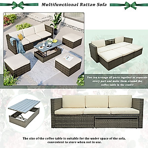 LUMISOL 5 Piece Patio Furniture Set, Outdoor Wicker Sofa Set with Adjustable Backrest, Cushions, Ottomans and Lift Top Coffee Table for Garden, Poolside, Backyard, Balcony, Beige