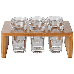 Lily's Home Bamboo Shot Glass Holder Set with 6 Crystal Clear Shot Glasses, Easy to Carry and Sophisticated to Display, Ideal for Liquor Shots at Parties (1 oz. Each Glass)