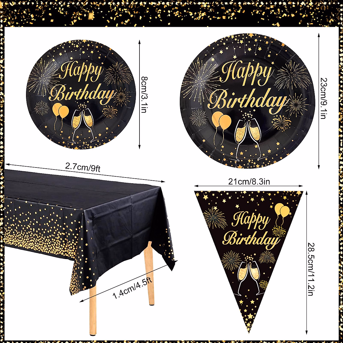 Black and Gold Happy Birthday Party Supplies Tableware Set-Dinner Dessert Cake Plates, Napkins, Cups, Tablecloth, Banner for Wedding Retire Party Decoration for 30th 40th 50th 60th Anniversary