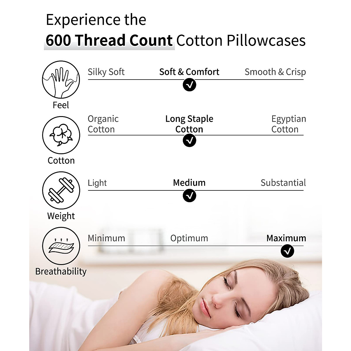 Warmstar Cotton Pillow Cases Standard Size Set of 2, 600 Thread Count Pillowcases 20x26 Inches, Soft Long Staple Cotton Pillowcases Breathable with Envelope Closure,Black