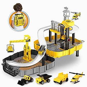 Siairo Construction Race Car Toy for Kids - Construction Race Truck with Crane, Helicopter, Bulldozer, Excavator Toy Backpack for 3 4 5 Year Old Boys & Toddlers