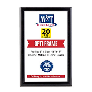 M&T Displays Opti Snap Poster Frame 11x17 Inch Black 1" Aluminum Profile Front Loading Wall Mounting Photo Picture Document Certificate Sign Holder Mitered Corner Anti Glare Cover (20 pack)